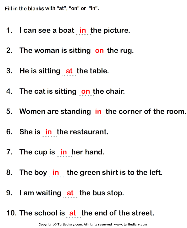 Fill In The Blanks With The Appropriate Preposition At In On Worksheet 
