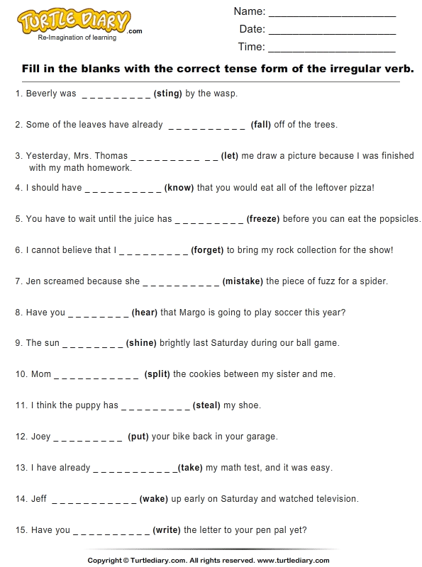 Fill In The Blanks With Irregular Verbs TurtleDiary Fill In The Blanks With Irregular Verbs TurtleDiary