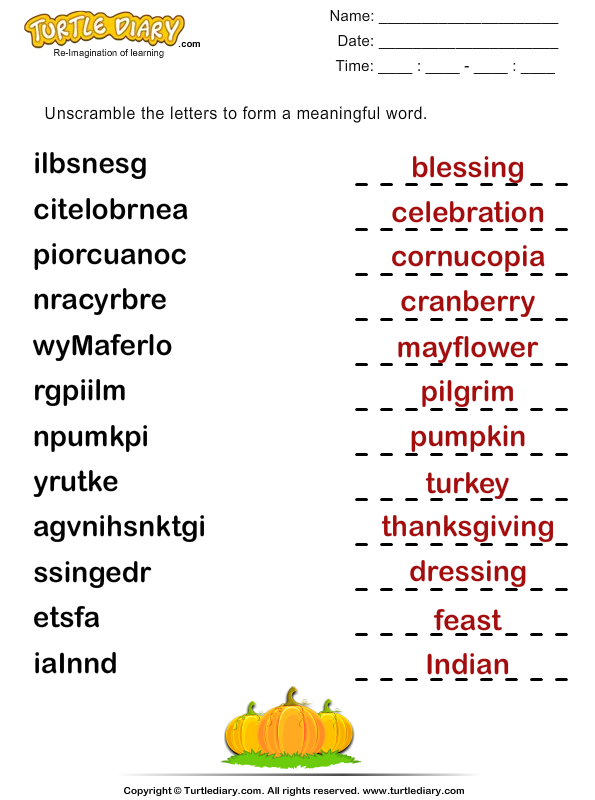 Thanksgiving Scramble Puzzles Worksheet 5 Turtle Diary