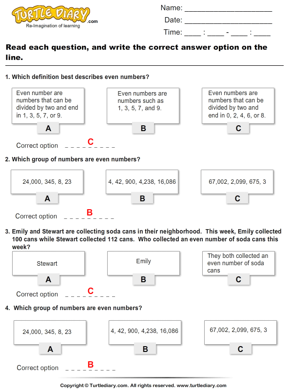 Even numbers : Multiple choice questions - TurtleDiary.com Even numbers : Multiple choice questions - TurtleDiary.com