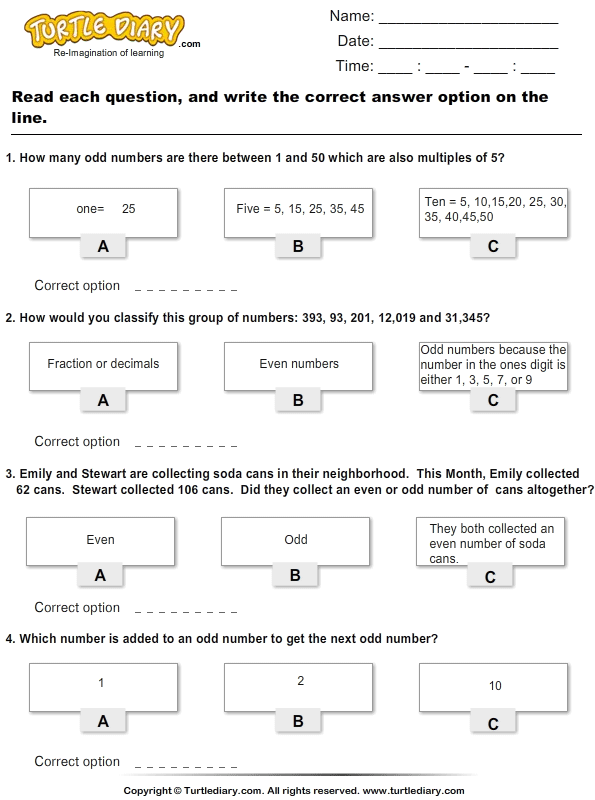 Odd numbers : Multiple choice questions - TurtleDiary.com Odd numbers : Multiple choice questions - TurtleDiary.com