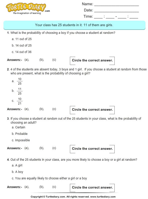 Probability Multiple Choice Questions 6 Worksheet TurtleDiary