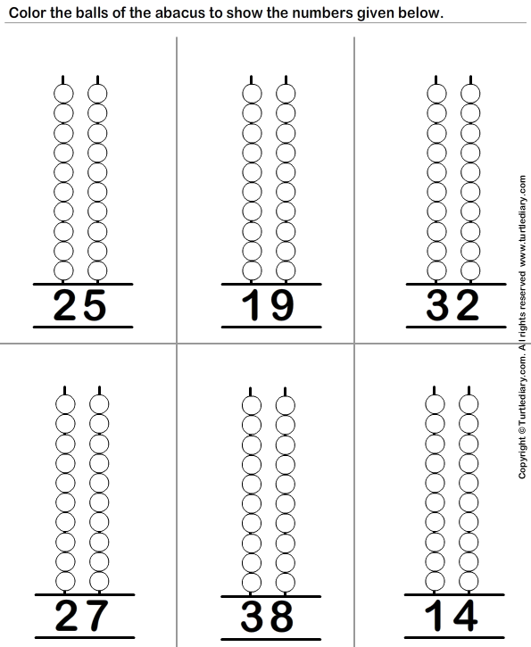 Represent Two Digit Numbers On Abacus By Coloring Balls Worksheet