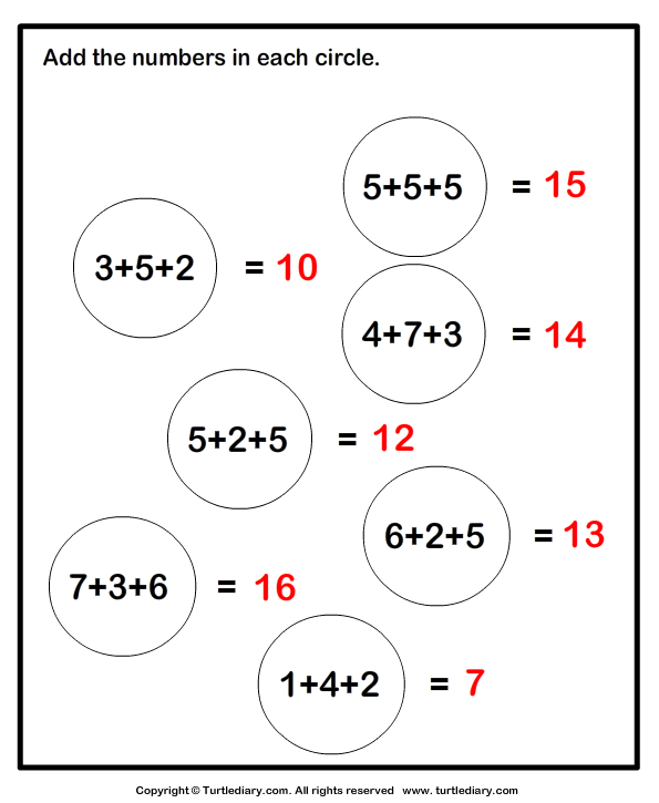 Adding Three One Digit Numbers Sums Up To Twenty Worksheet Turtle Diary