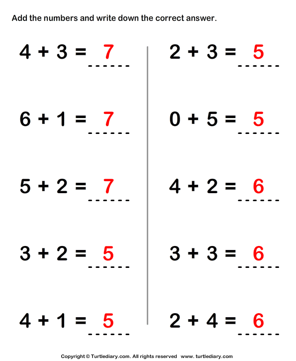 Adding Two One Digit Numbers Sums up to Ten Worksheet - Turtle Diary
