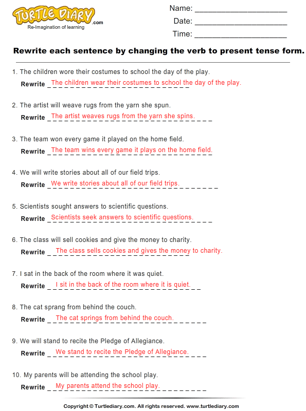 Change Verbs to Present Tense Form and Rewrite Sentences Worksheet ...