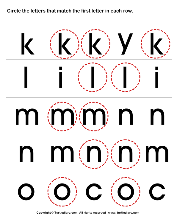 Circle the Matching Letter K L M N O Worksheet - Turtle Diary