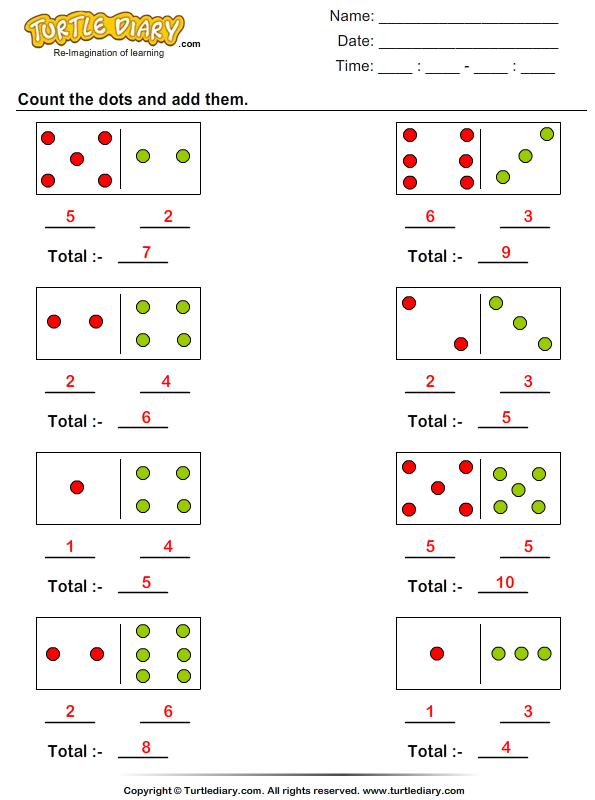 Count Dots up to Ten and Add Worksheet - Turtle Diary
