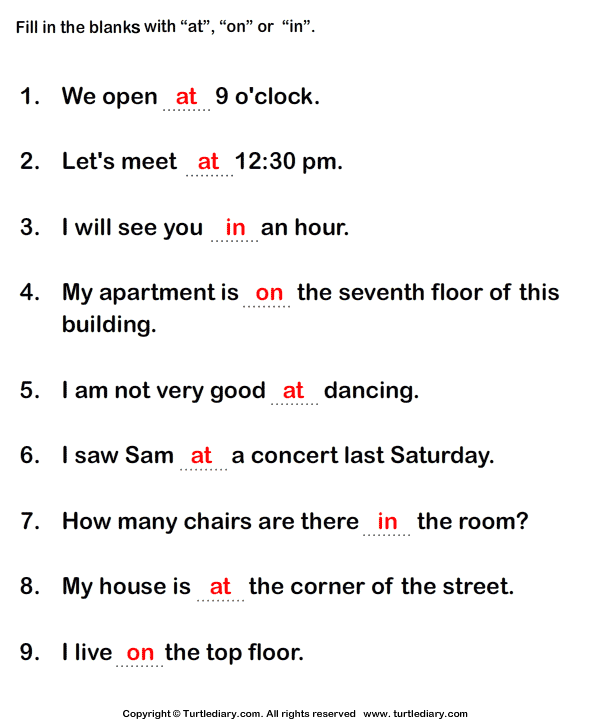Fill In The Blanks With At In Or On Worksheet Turtle Diary