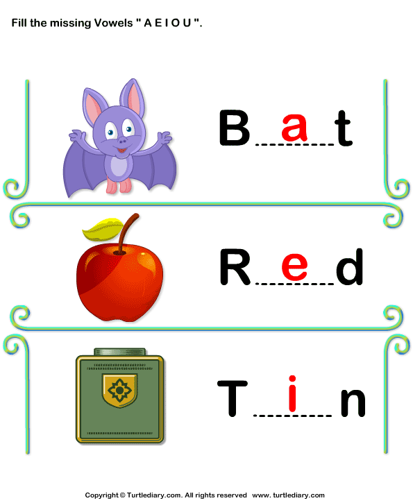 Fill in the Missing Vowels A E I Worksheet - Turtle Diary