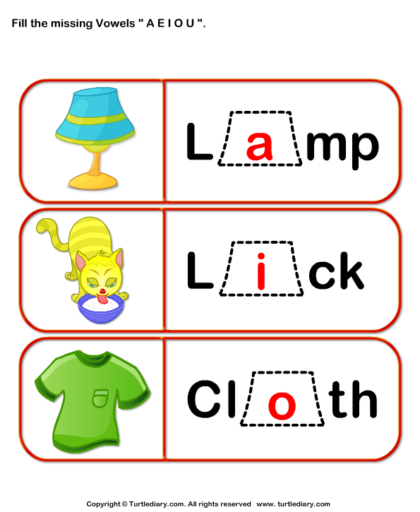 Fill in the Missing Vowels A I O Worksheet - Turtle Diary