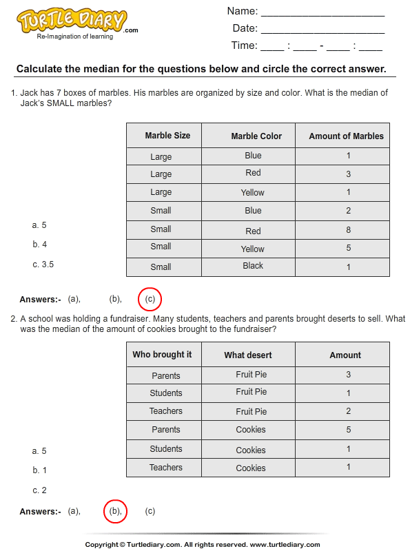 Median of Odd and Even Number of Data Points Worksheet - Turtle Diary