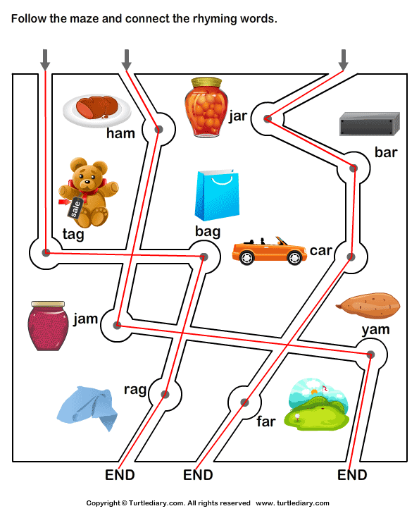 Rhyming Words Maze am ar and ag Worksheet - Turtle Diary