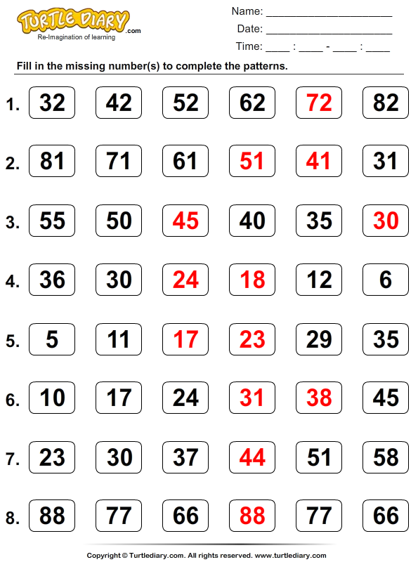 Skip Count To Find The Missing Numbers Worksheet Turtle Diary