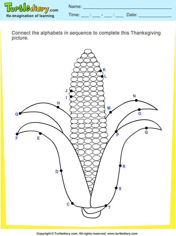 Thanksgiving Connect The Dots By Alphabets Corn Worksheet Turtle Diary