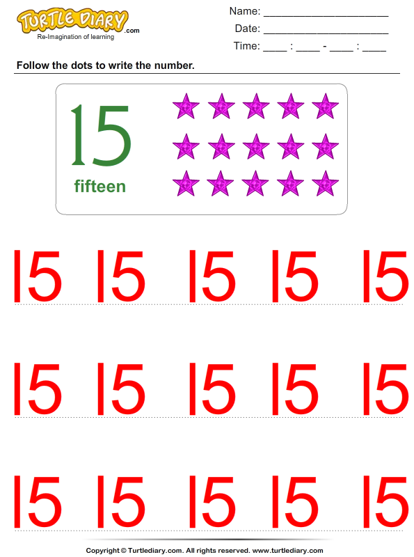 Trace The Number Fifteen Worksheet - Turtle Diary