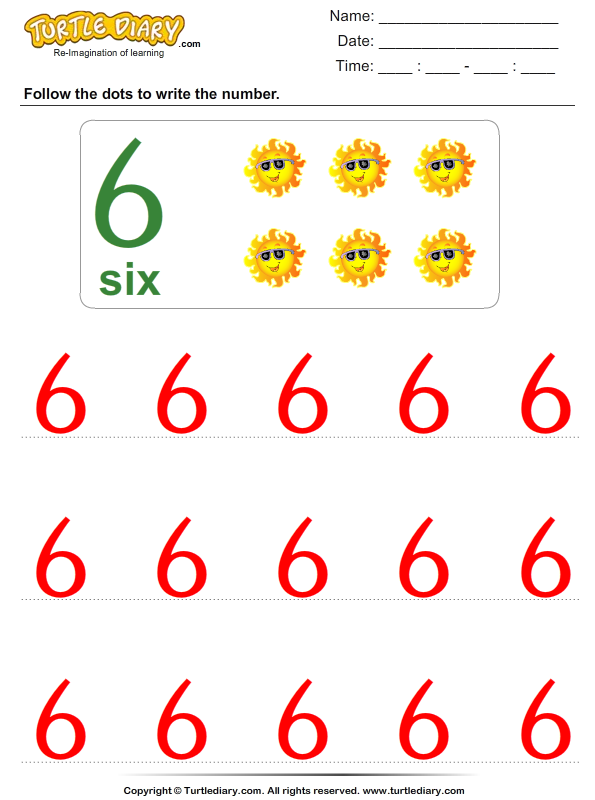 Trace the Number Six Worksheet - Turtle Diary