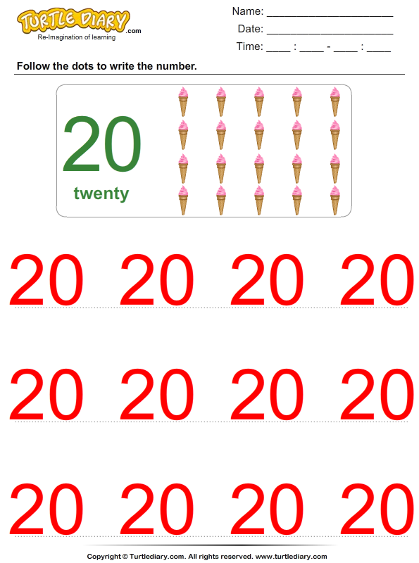 Trace the Number Twenty Worksheet - Turtle Diary