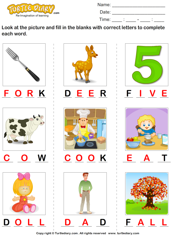 Using Pictures Complete the Words Worksheet - Turtle Diary