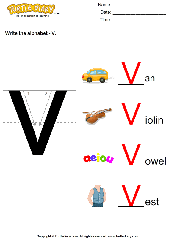 Write Alphabet V in Uppercase Worksheet - Turtle Diary