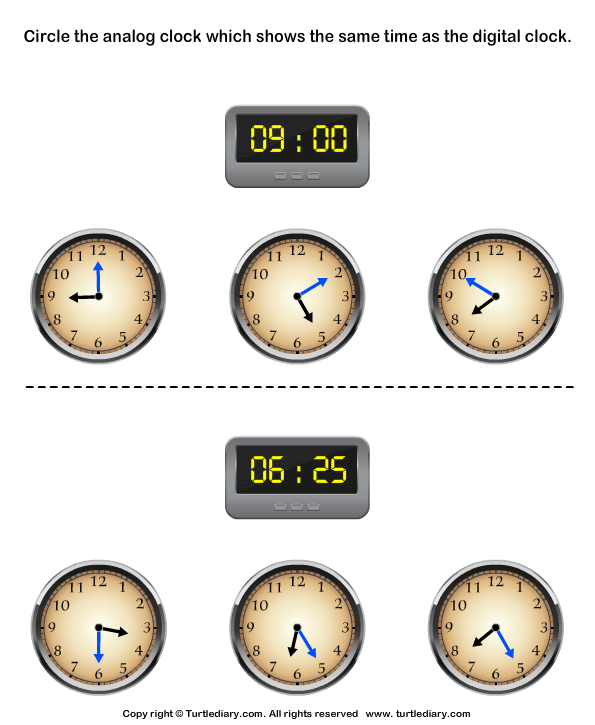 Circle The Analog Clock Matching With Digital Clock Worksheet Turtle 