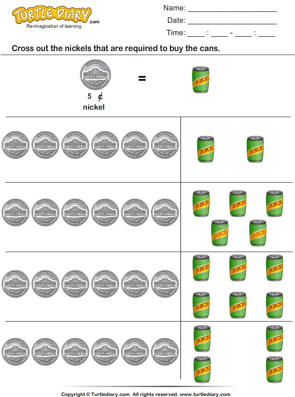 Cross Out Nickels Required To Buy Cans Worksheet Turtle Diary