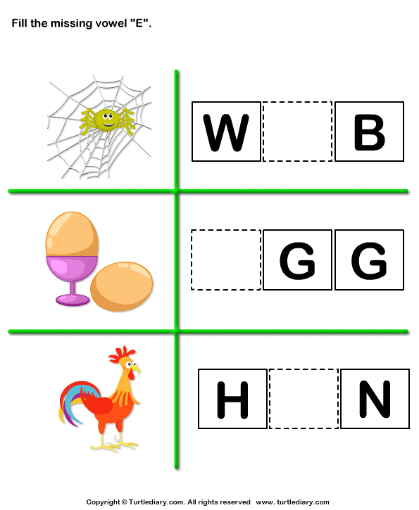 Fill in the Missing Vowel E | Turtle Diary Worksheet