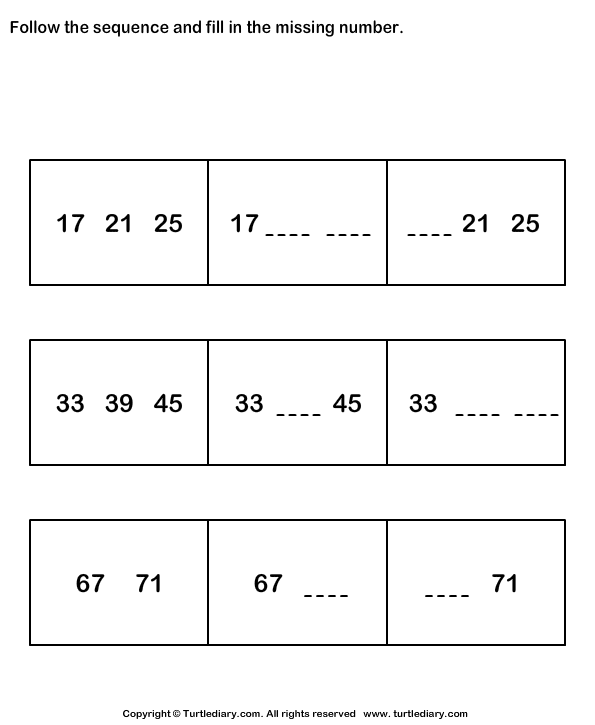 Follow Sequence and Fill Missing Numbers | Turtle Diary Worksheet