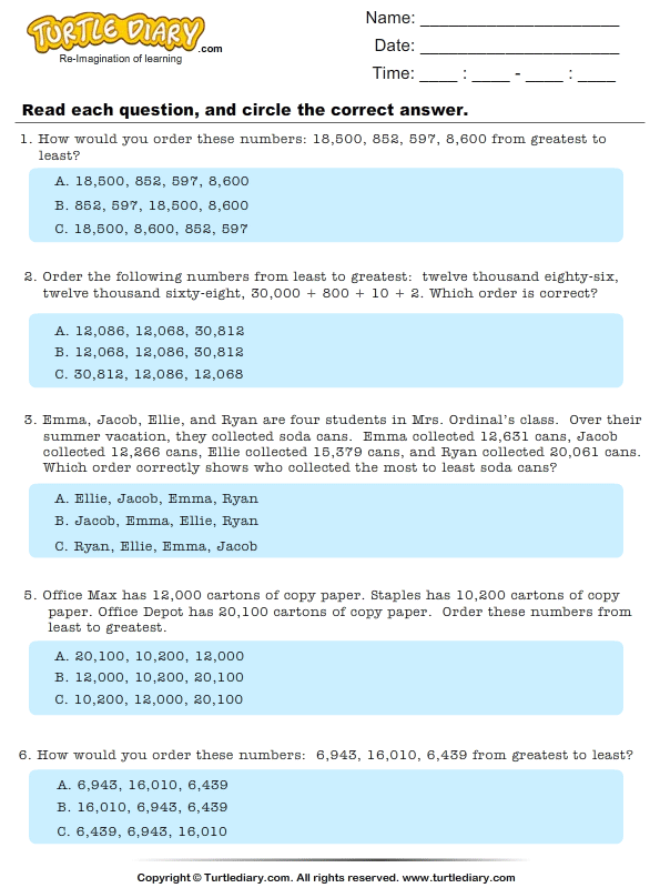 Comparing and Ordering Whole Numbers | Turtle Diary Worksheet