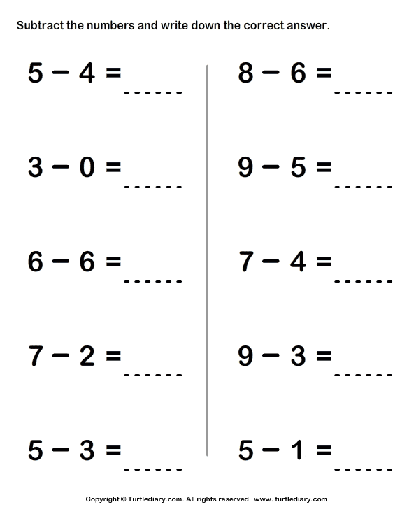 Subtracting Two One Digit Numbers Within Ten Turtle Diary Worksheet