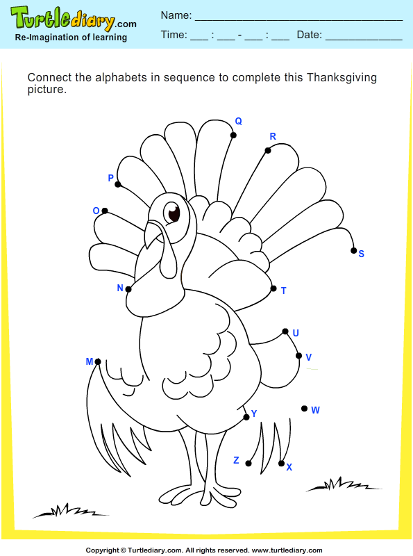 Thanksgiving Connect The Dots By Alphabets Turkey Worksheet Turtle Diary